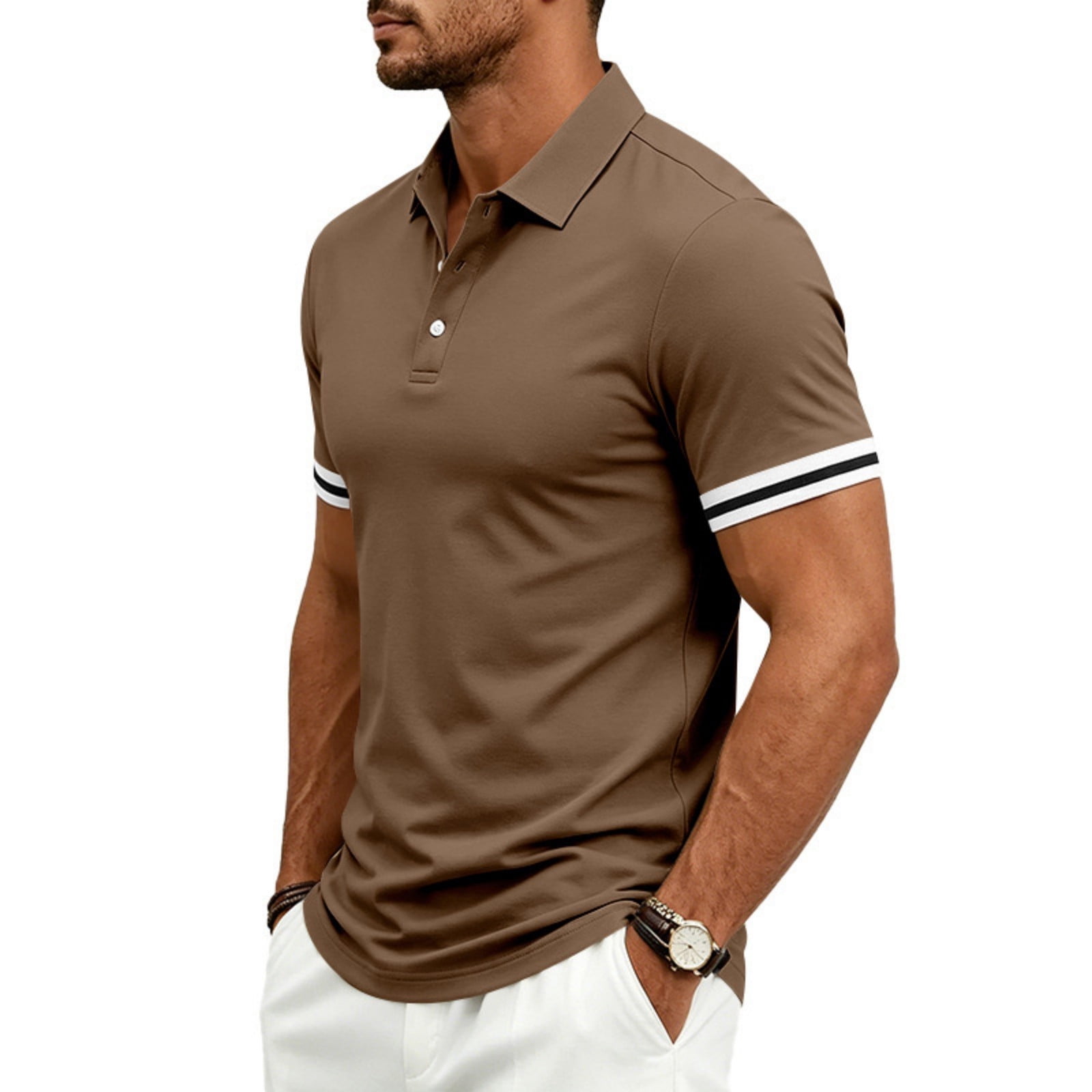 DPTALR Men's Contrast Striped Cuff Polo Shirt Short Sleeve Casual ...