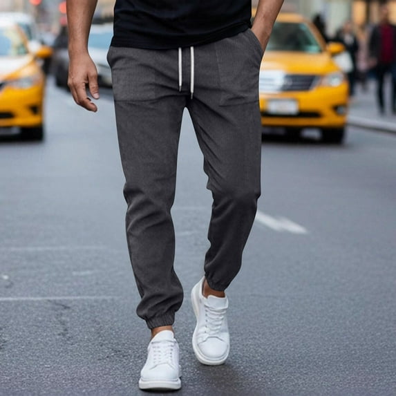 DPTALR Men's Corduroy Solid Color Jogger Pants Elastic Waist Drawstring ...
