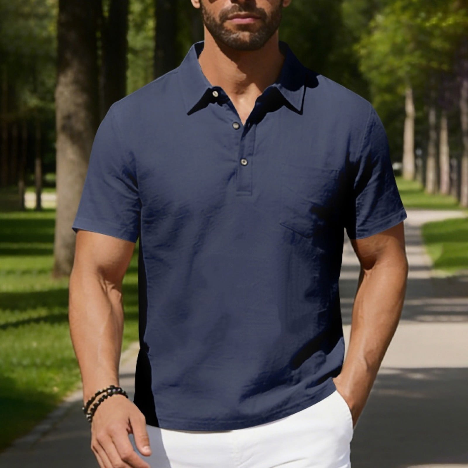 DPTALR Men's Linen Blend Polo Shirt Short Sleeve Chest Pocket Casual ...
