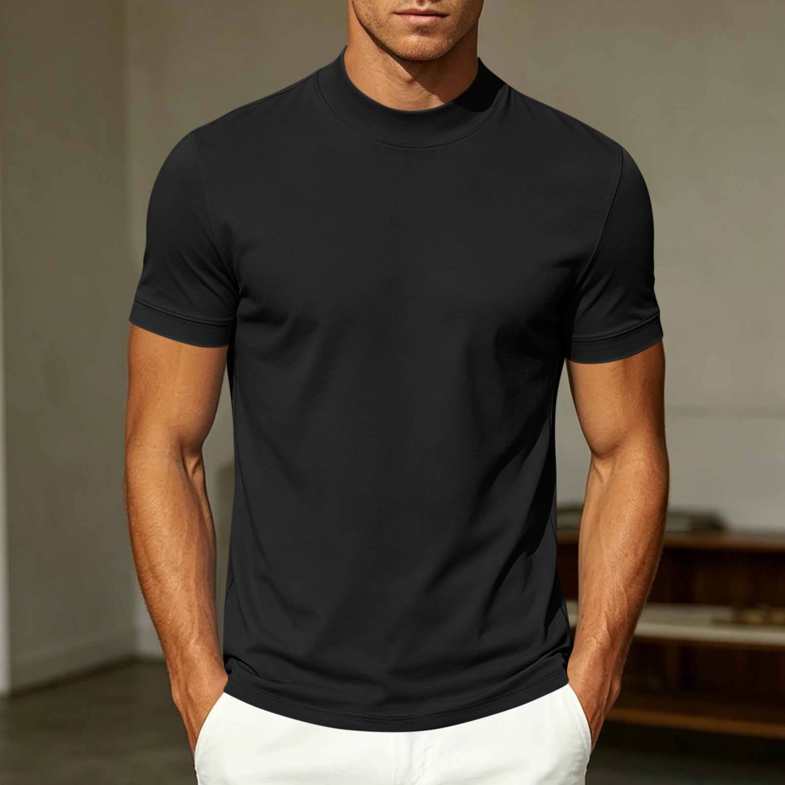 DPTALR Men's Mock Neck T-Shirt Short Sleeve Form-Fitting Casual Solid ...