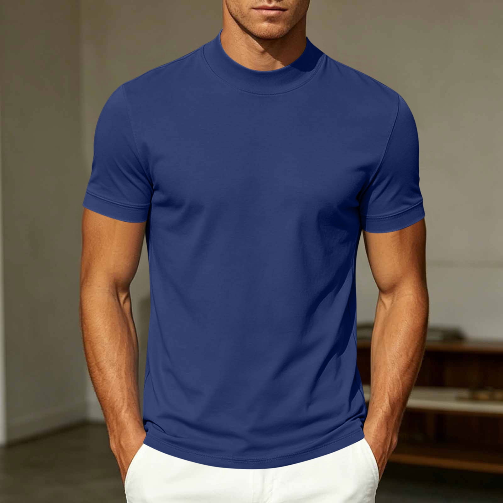 DPTALR Men's Mock Neck T-Shirt Short Sleeve Form-Fitting Casual Solid ...