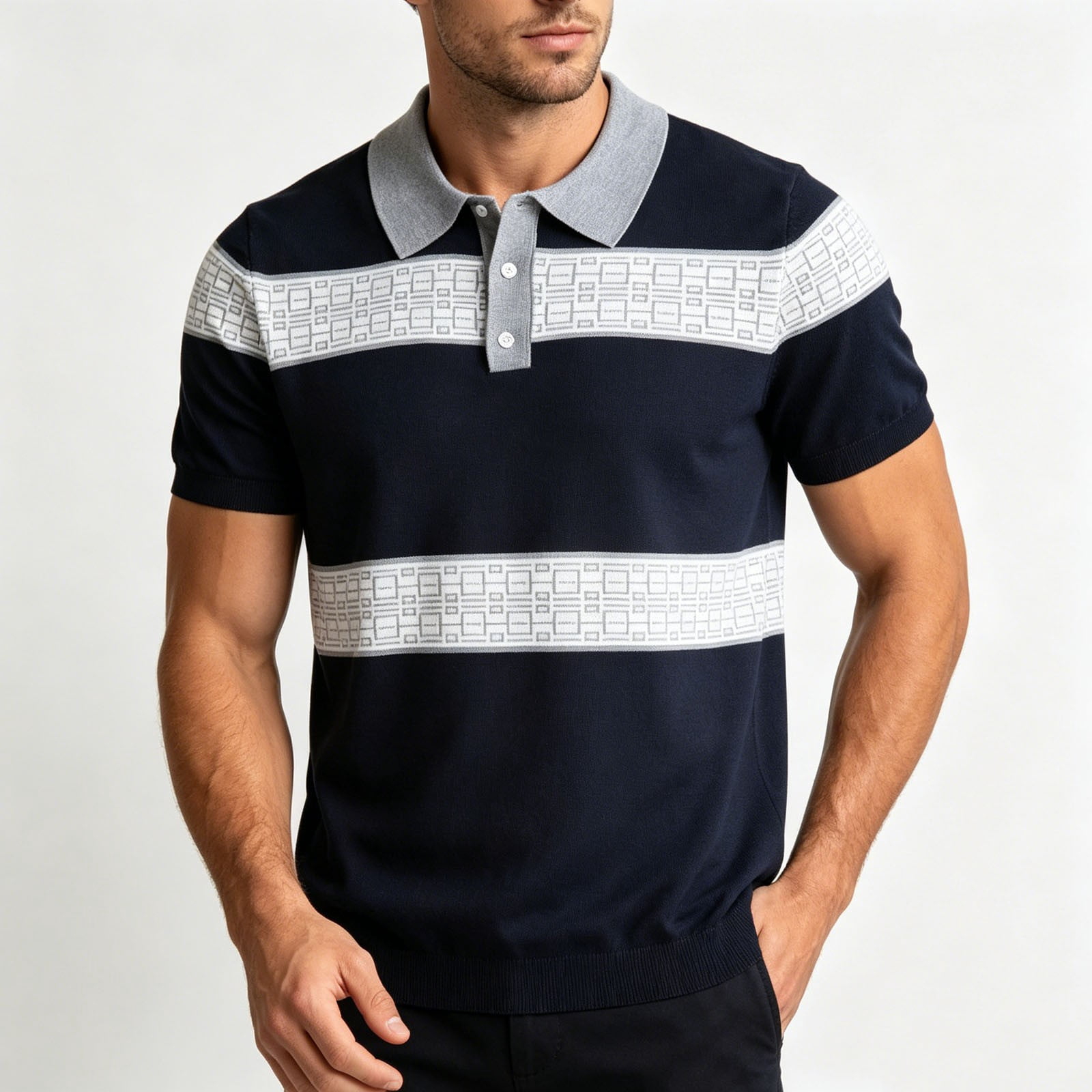 DPTALR Men's Stripe Knit Polo Shirt Short Sleeve Contrast Collar Casual ...