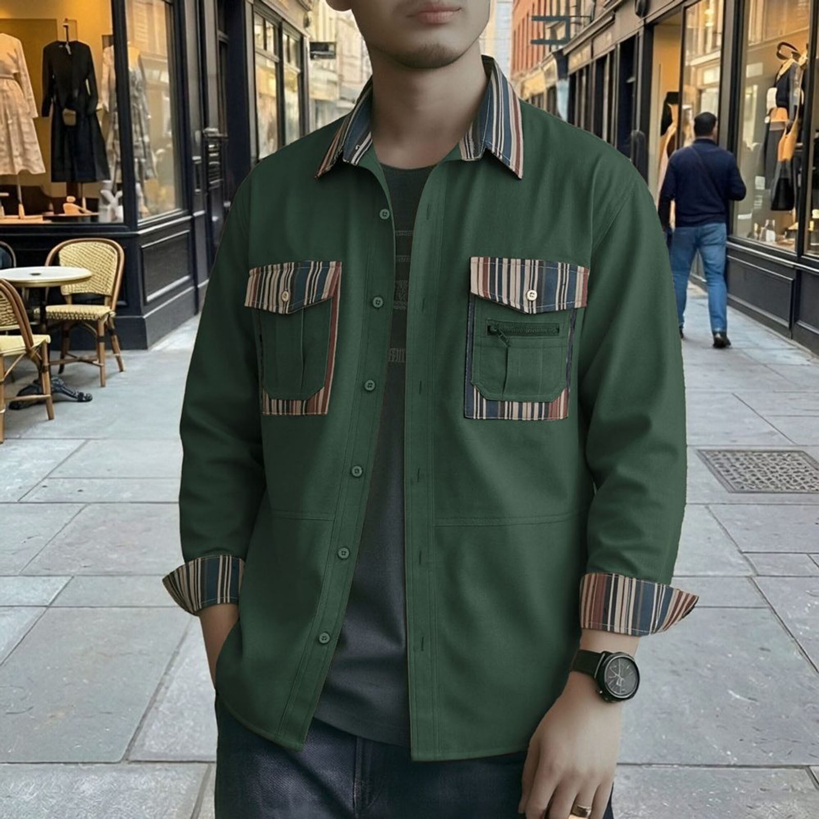 DPTALR Men's Utility Pocket Button Up Shirt，Striped Collar & Cuff ...