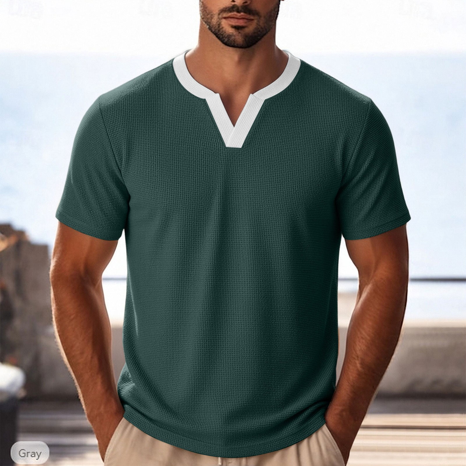 DPTALR Men's Waffle Knit T-Shirt Short Sleeve Contrast Trim V Neck ...