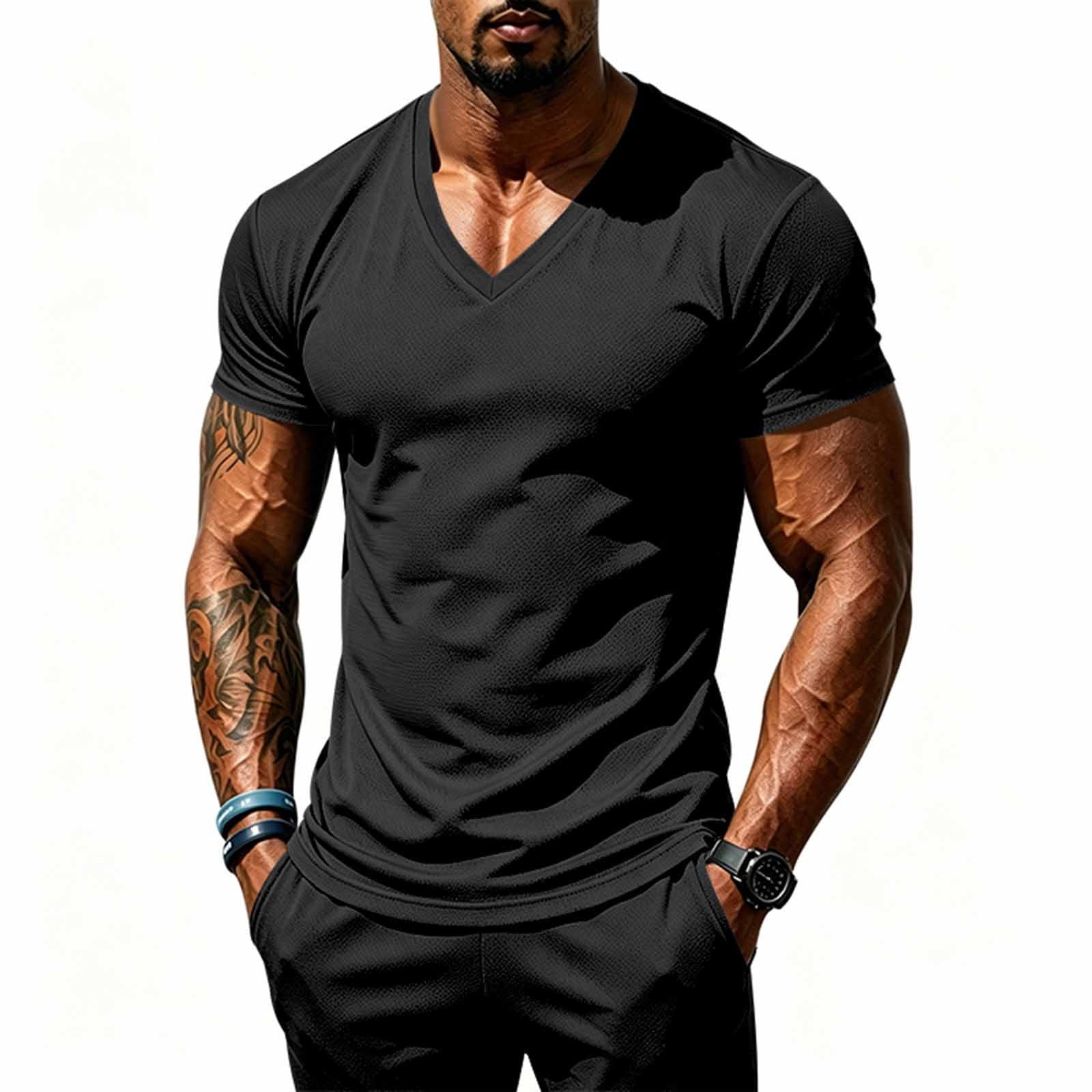 DPTALR Men's Waffle Knit V-Neck T-Shirt Short Sleeve Casual Solid Color ...