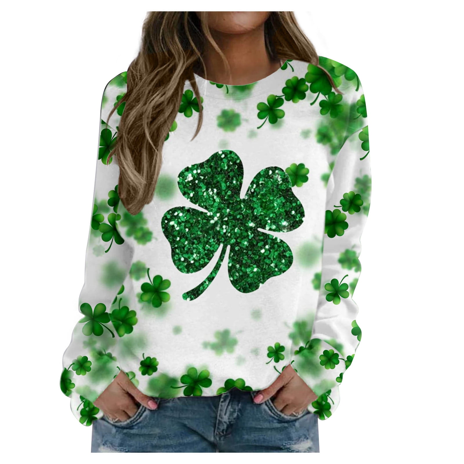DPTALR Women Holidy Costume Blouse Tops St. Patrick's Day Printed Loose Long Sleeve Blouse Round ...