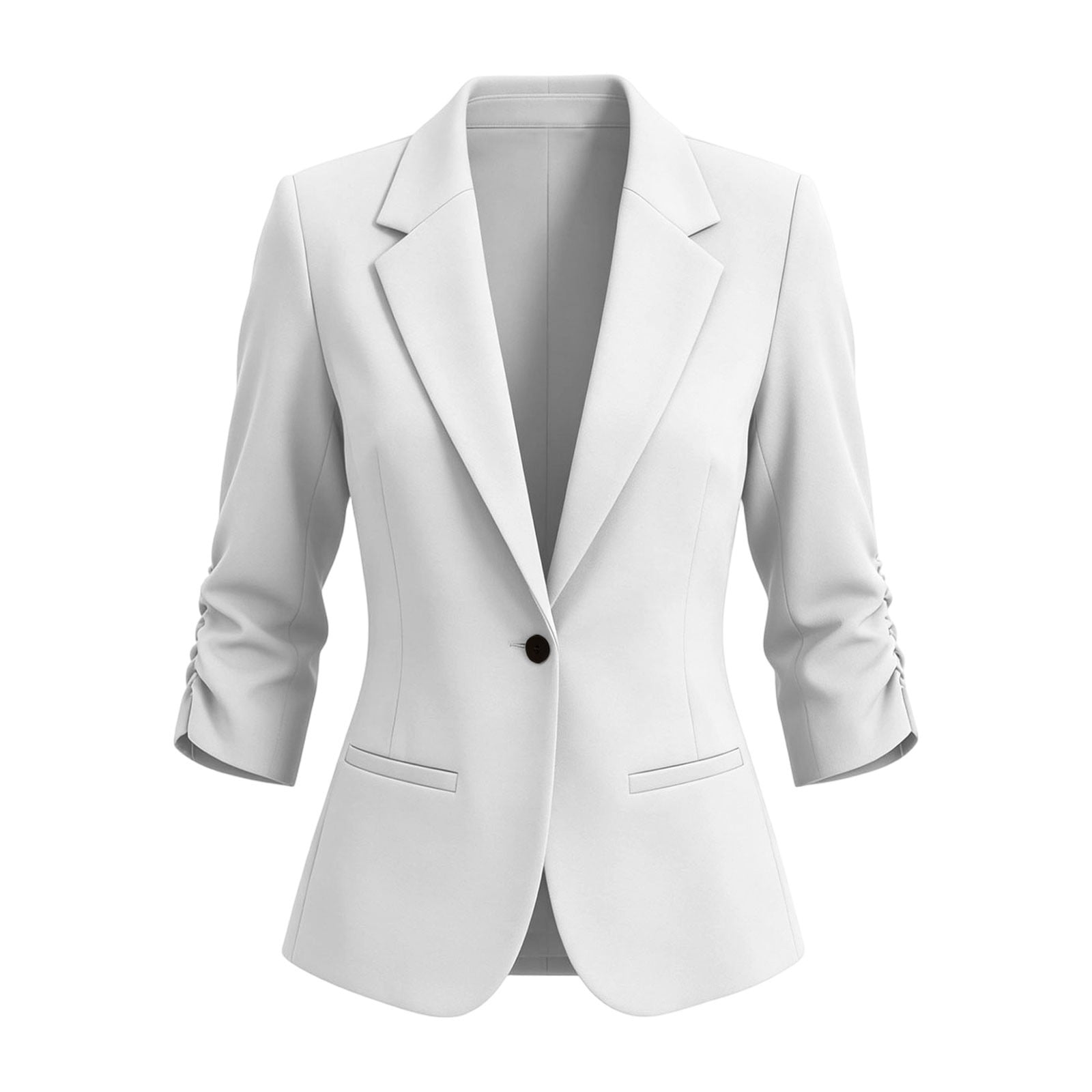 DPTALR Women's 3/4 Ruched Sleeve One Button Fitted Blazer Jacket,White ...