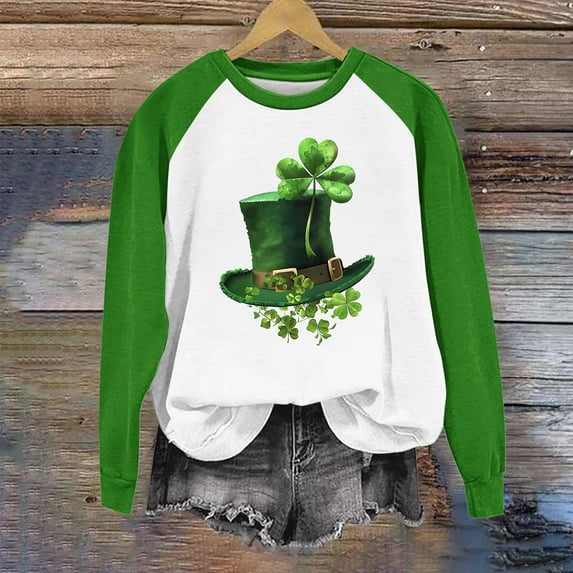 DPTALR Women's Casual St. Patrick's Day Printed Round Neck Long Sleeved ...