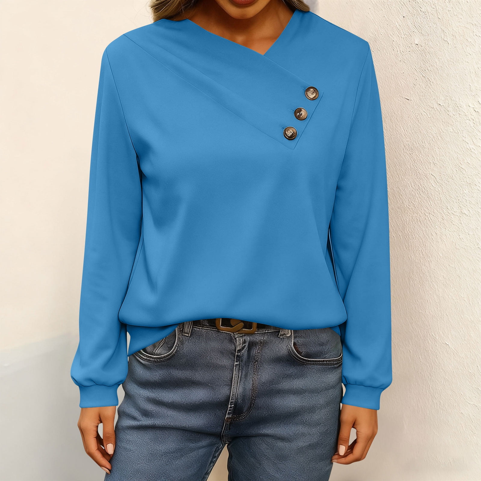 DPTALR Women's Casual V-Neck Long Sleeve Button-Decorated Sweatshirt ...