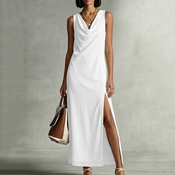 DPTALR Women's Cowl Neck Sleeveless V Neck Slit Maxi Dress,White,Women ...