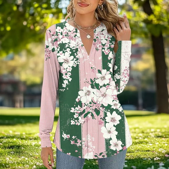 DPTALR Women's Fashion Gradient Printing T-shirt Long Sleeved Blouse Round Neck Casual Loose Top ...