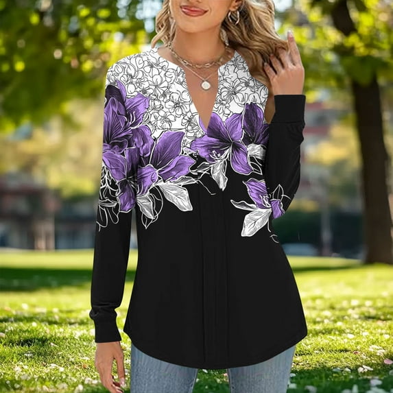 DPTALR Women's Fashion Gradient Printing T-shirt Long Sleeved Blouse ...