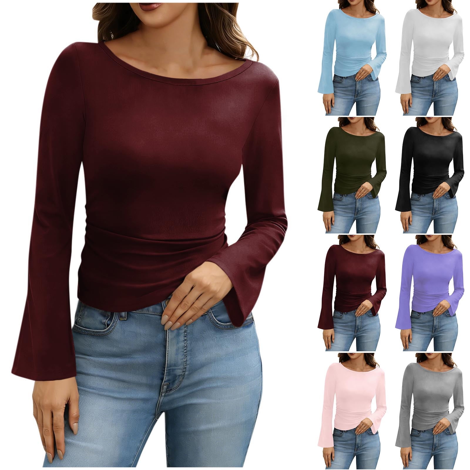 DPTALR Women's Fashion Solid Color Round Neck Fold Long Sleeve Casual ...