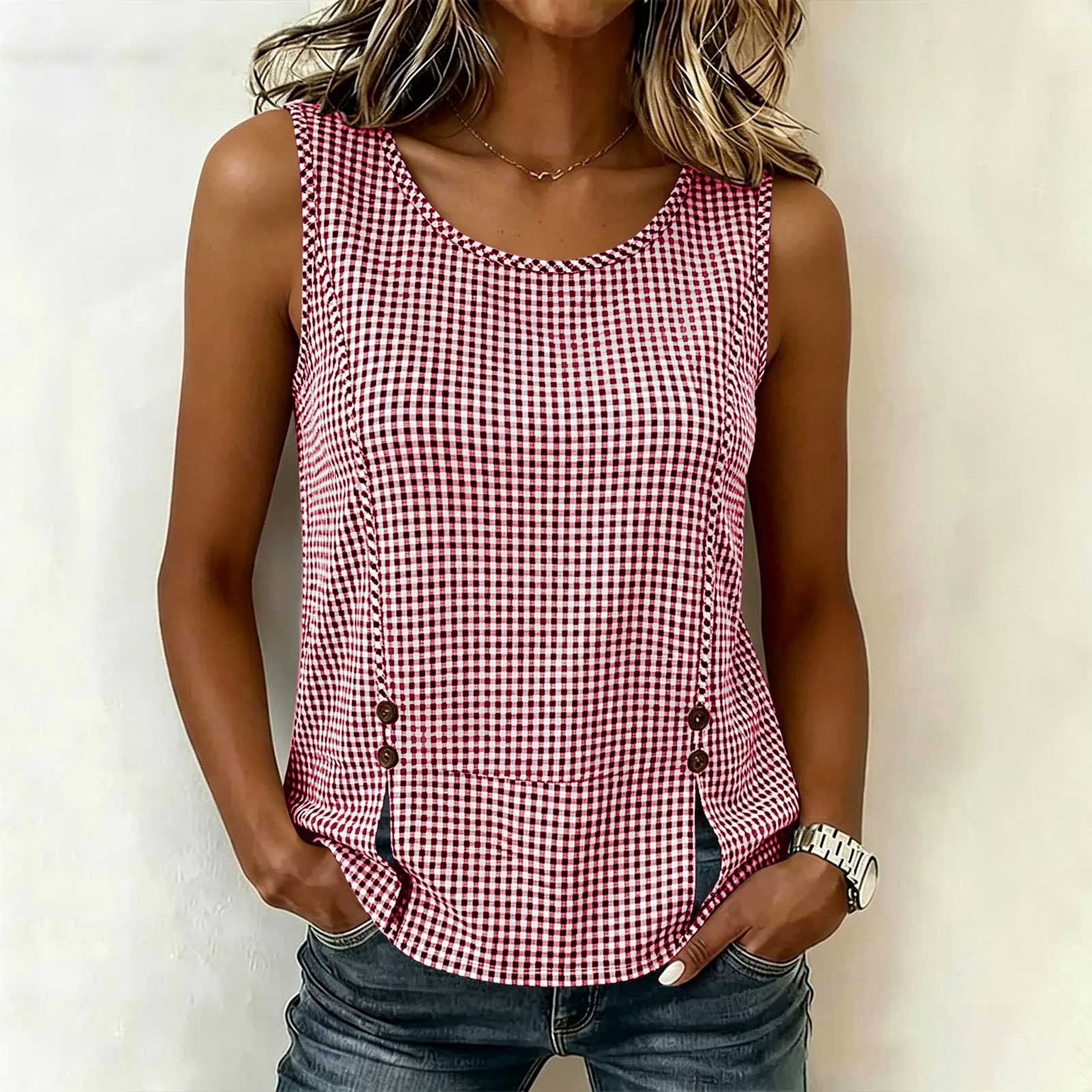 DPTALR Women’s Gingham Print Sleeveless Tank Top,Round Neck Casual ...