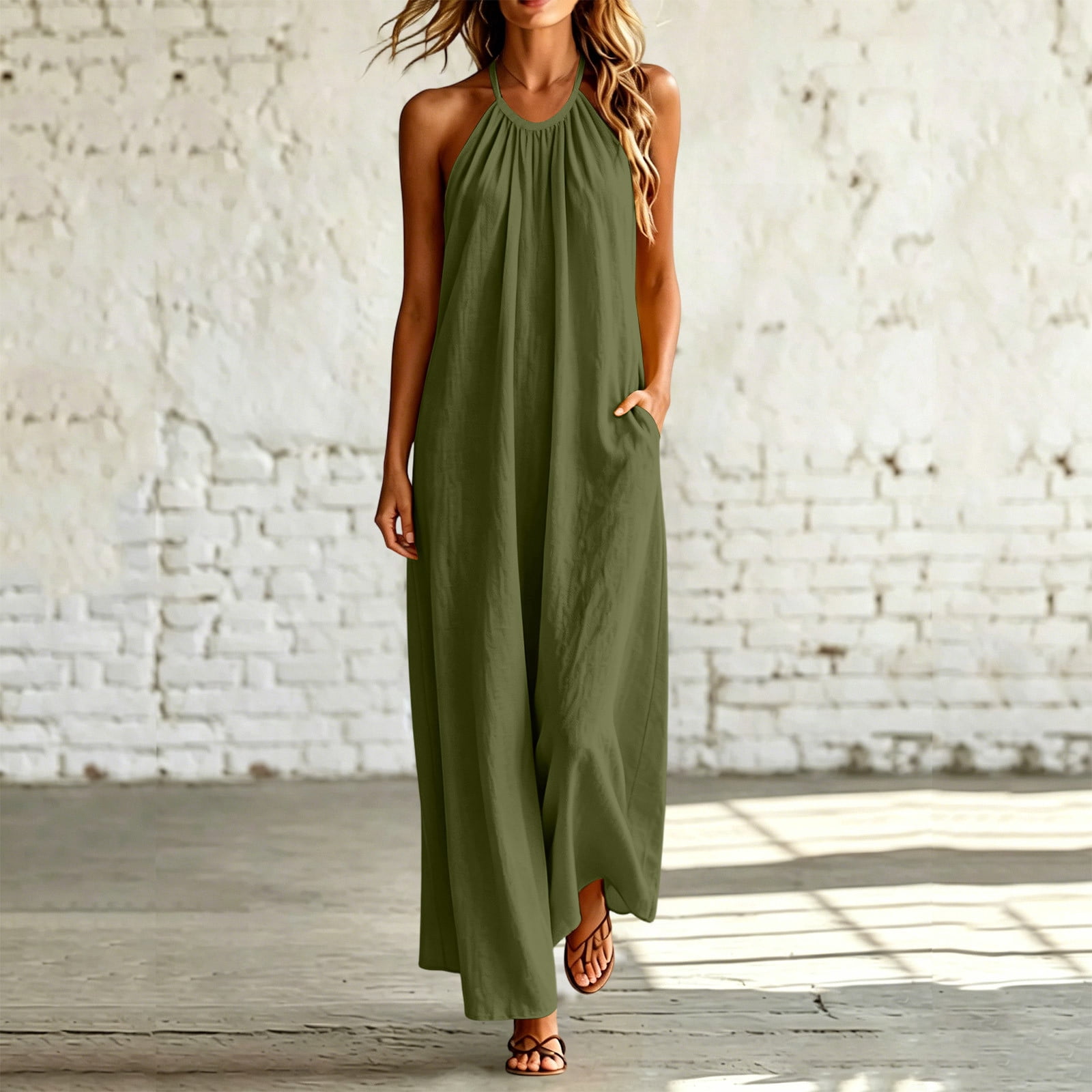 DPTALR Women's Halter Neck Sleeveless Linen Blend Loose Maxi Dress with ...