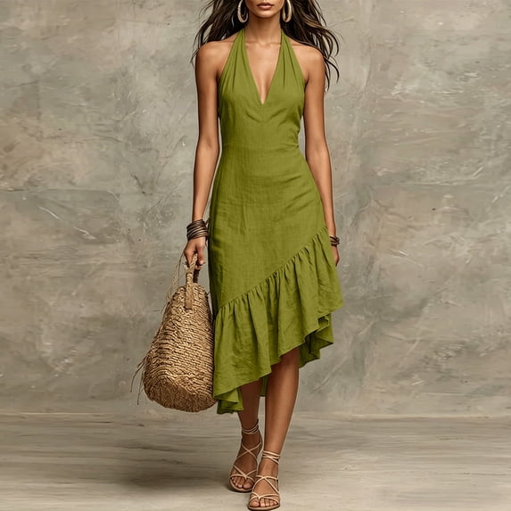 DPTALR Women's Halter V Neck Linen Blend Asymmetrical Ruffle Hem Midi ...