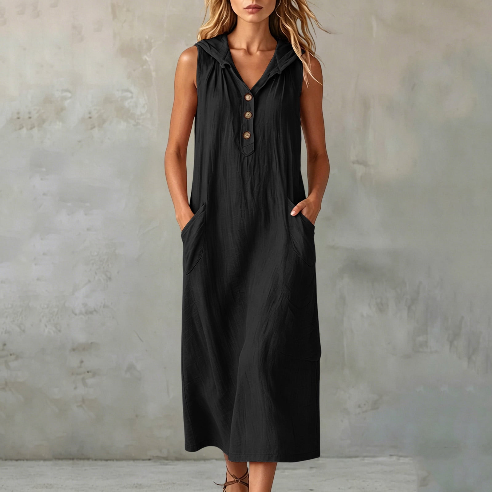 DPTALR Women's Henley Neck Sleeveless Linen Blend Maxi Dress with ...