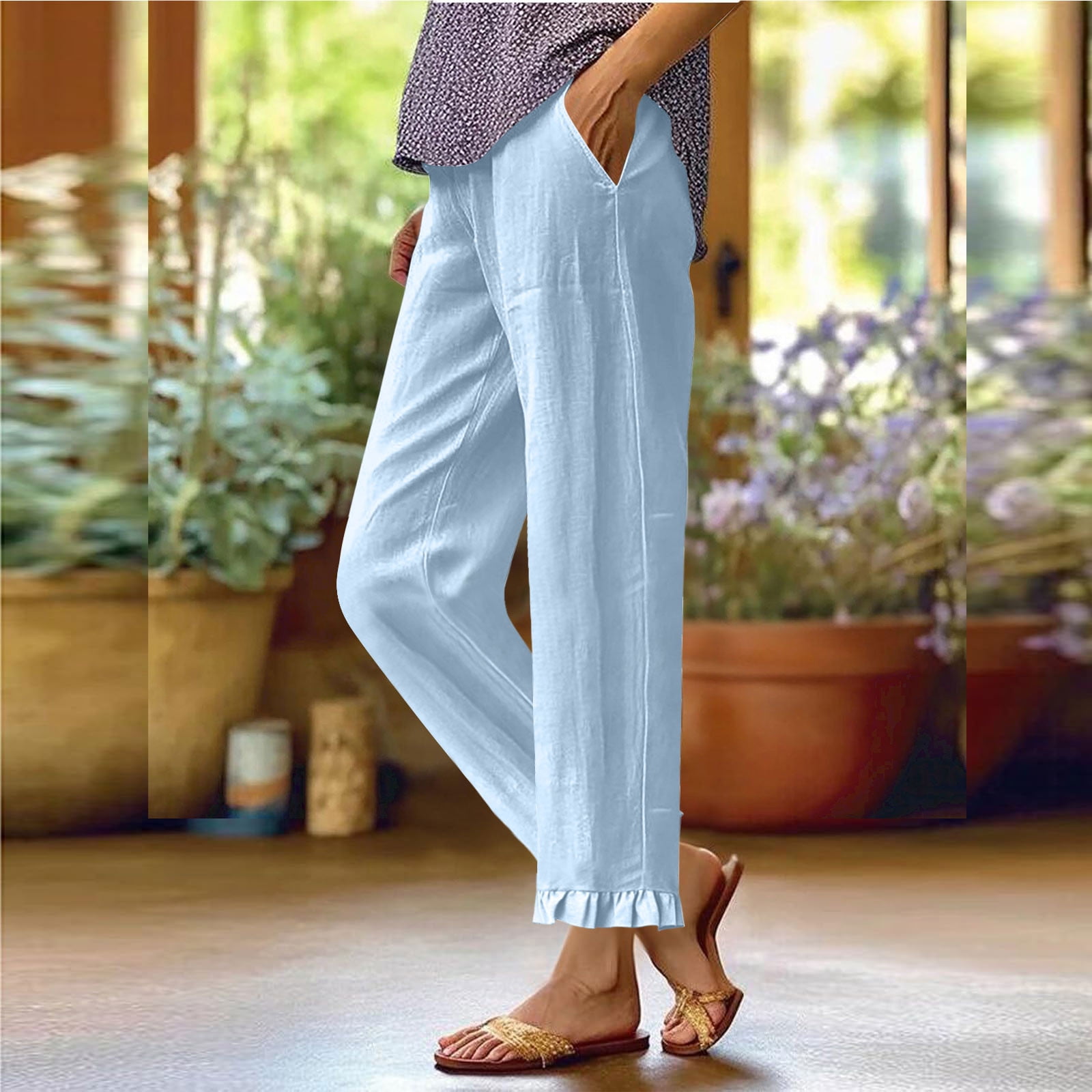 DPTALR Women's High Waist Elastic Waist Ruffle Solid Color Long Pants ...