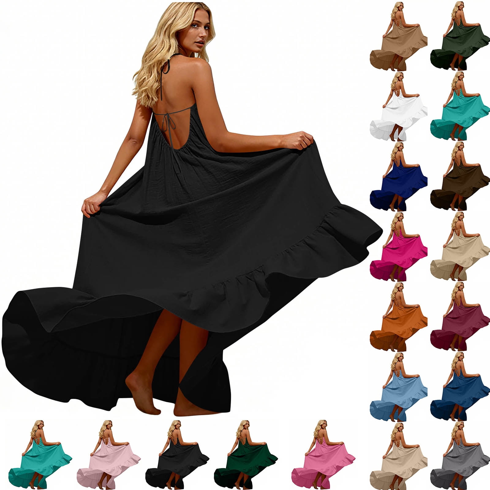 DPTALR Women's Linen Adjustable Halter Neck Pleated Hem Loose Casual ...