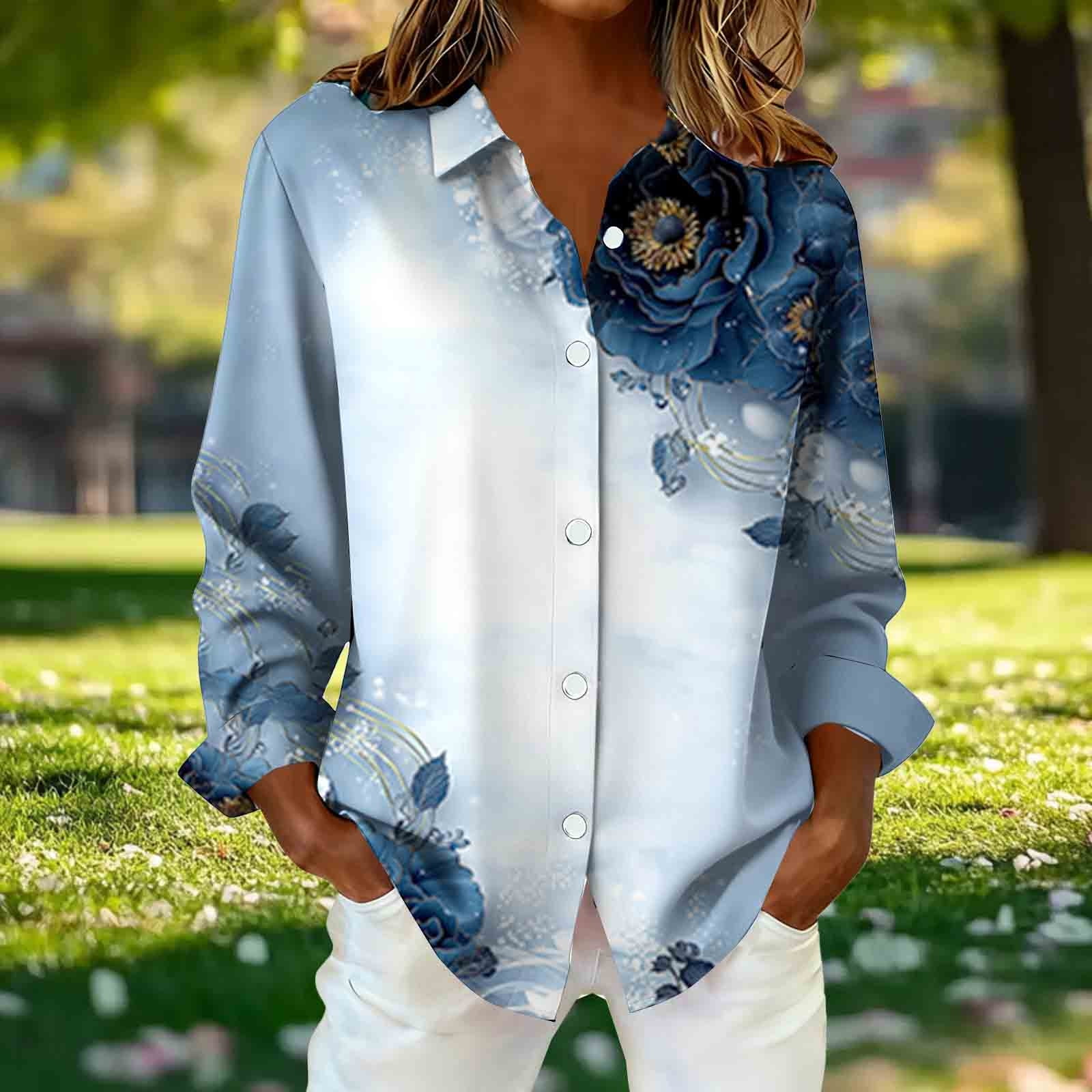 DPTALR Women's Long Sleeved Daily Printed Button Up Collar Shirt ...