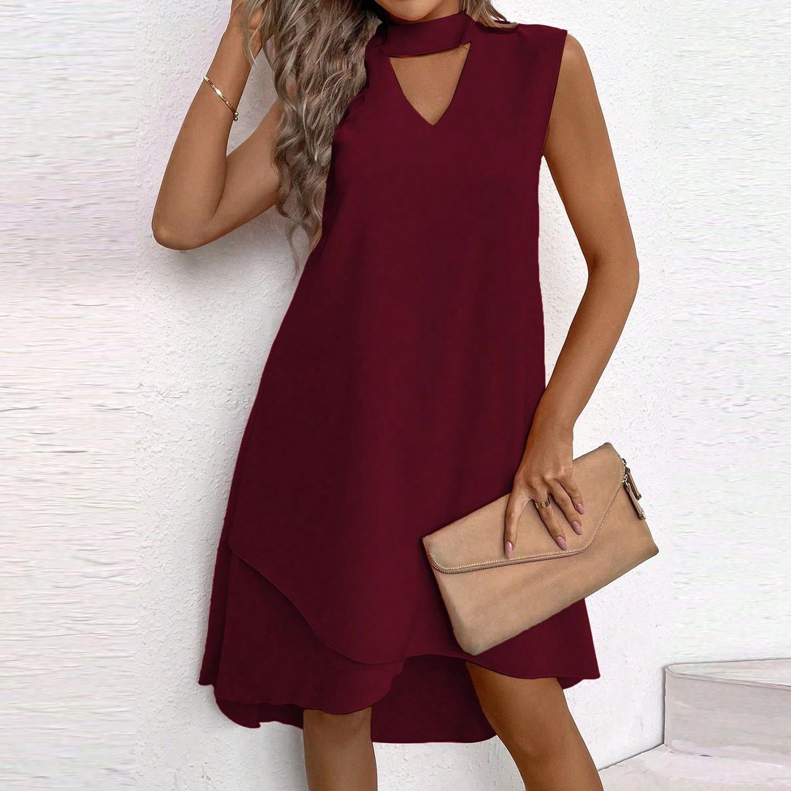 DPTALR Women's Mock Neck V Cutout Sleeveless Midi Dress,Wine,Women's ...
