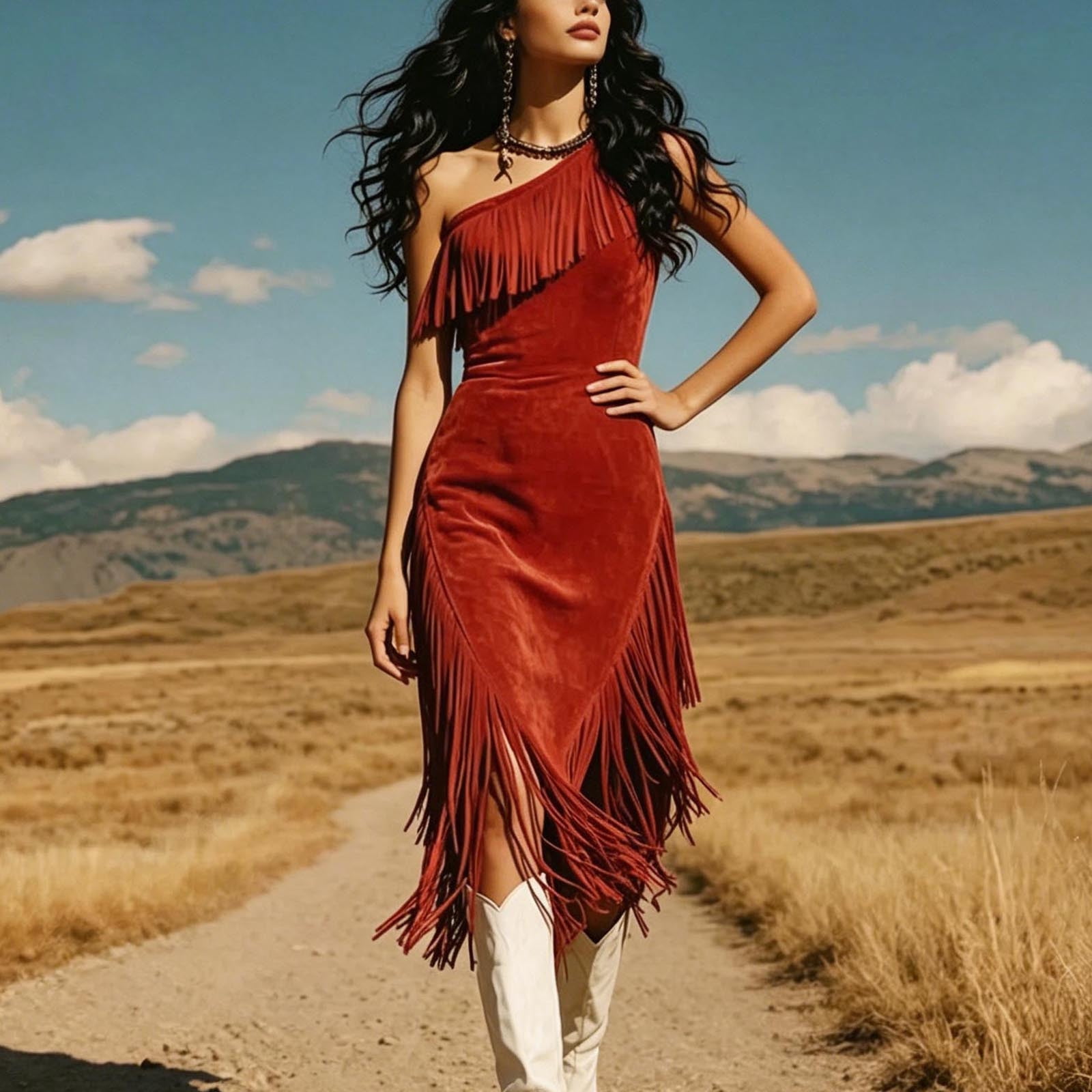 DPTALR Women's One Shoulder Faux Suede Fringe Asymmetrical Midi Dress ...