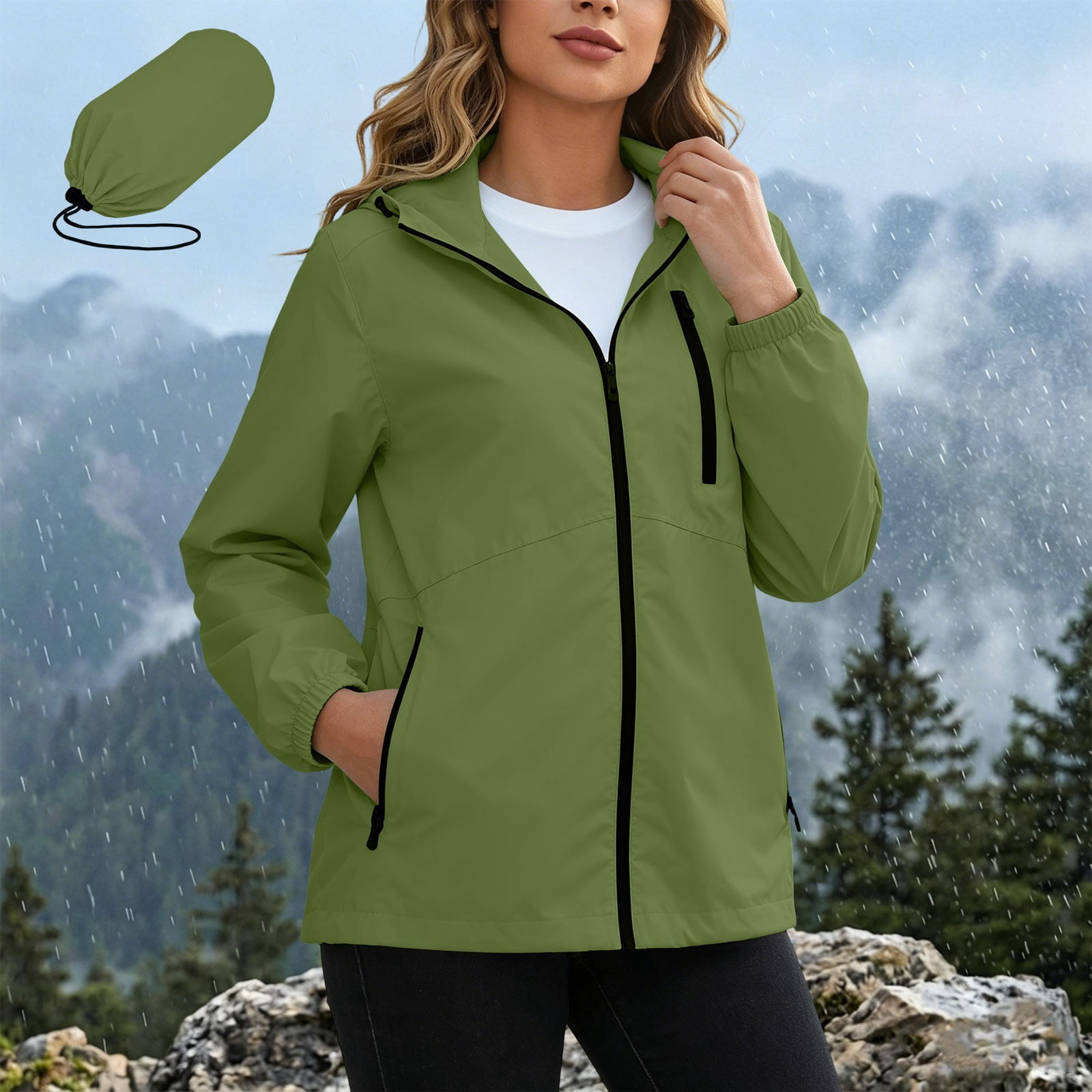 DPTALR Women's Packable Water Resistant Hooded Outdoor Windbreaker ...