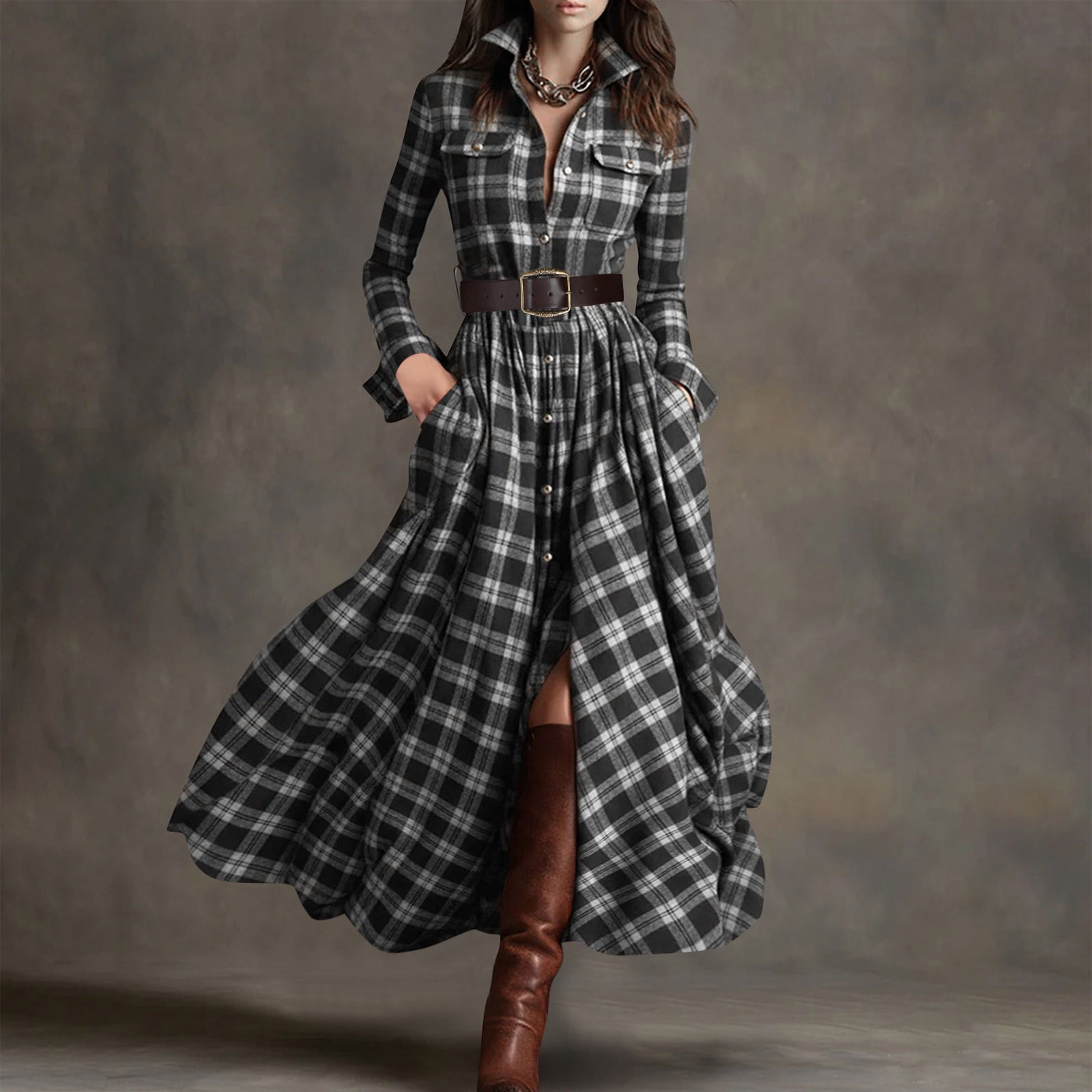 DPTALR Women's Plaid Irregular Button-Down Collar Long Sleeve Belted ...