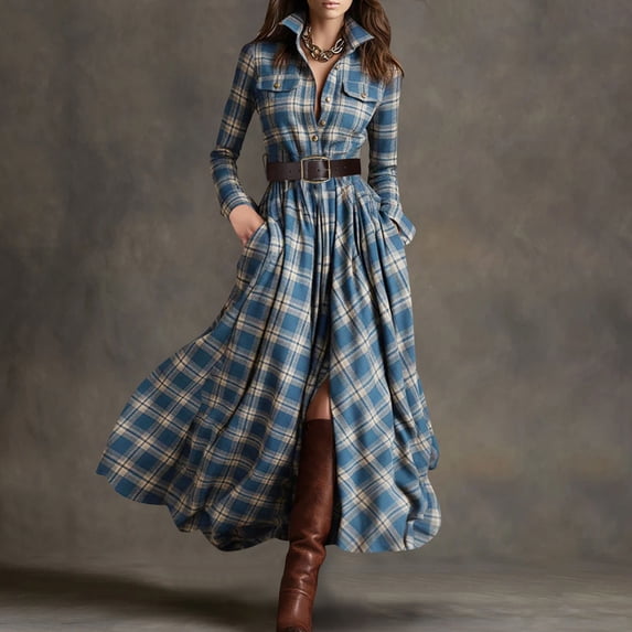 DPTALR Women's Plaid Irregular Button-Down Collar Long Sleeve Belted ...