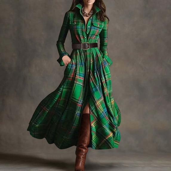 DPTALR Women's Plaid Irregular Button-Down Collar Long Sleeve Belted ...