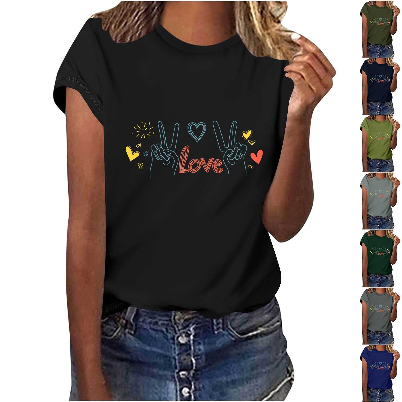 DPTALR Women's Print Casual Loose Crew Neck Short-Sleeve Top,Army Green ...