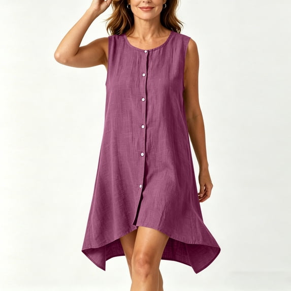 DPTALR Women's Round Neck Sleeveless Button Front Cotton Mini Dress,Hot ...