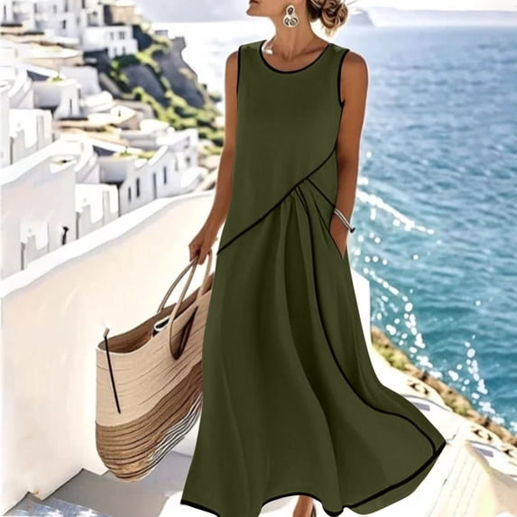 DPTALR Women's Round Neck Sleeveless Color Block Trim A Line Maxi Dress ...