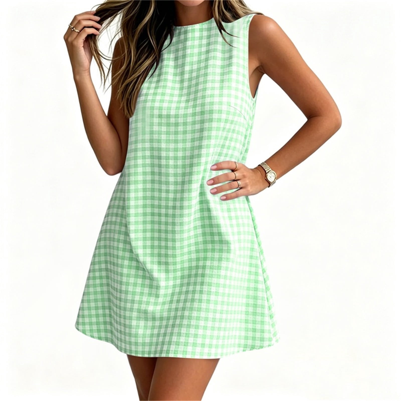 DPTALR Women's Round Neck Sleeveless Gingham Shift Mini Dress,Green ...