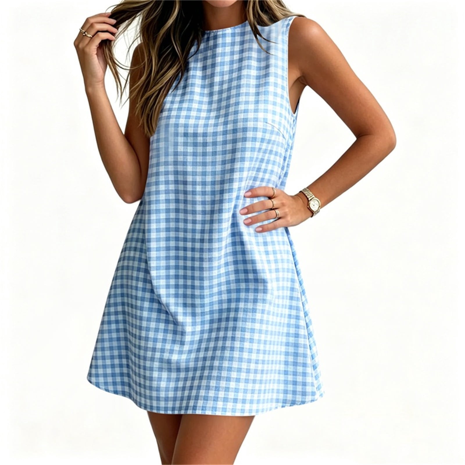 DPTALR Women's Round Neck Sleeveless Gingham Shift Mini Dress,Light ...
