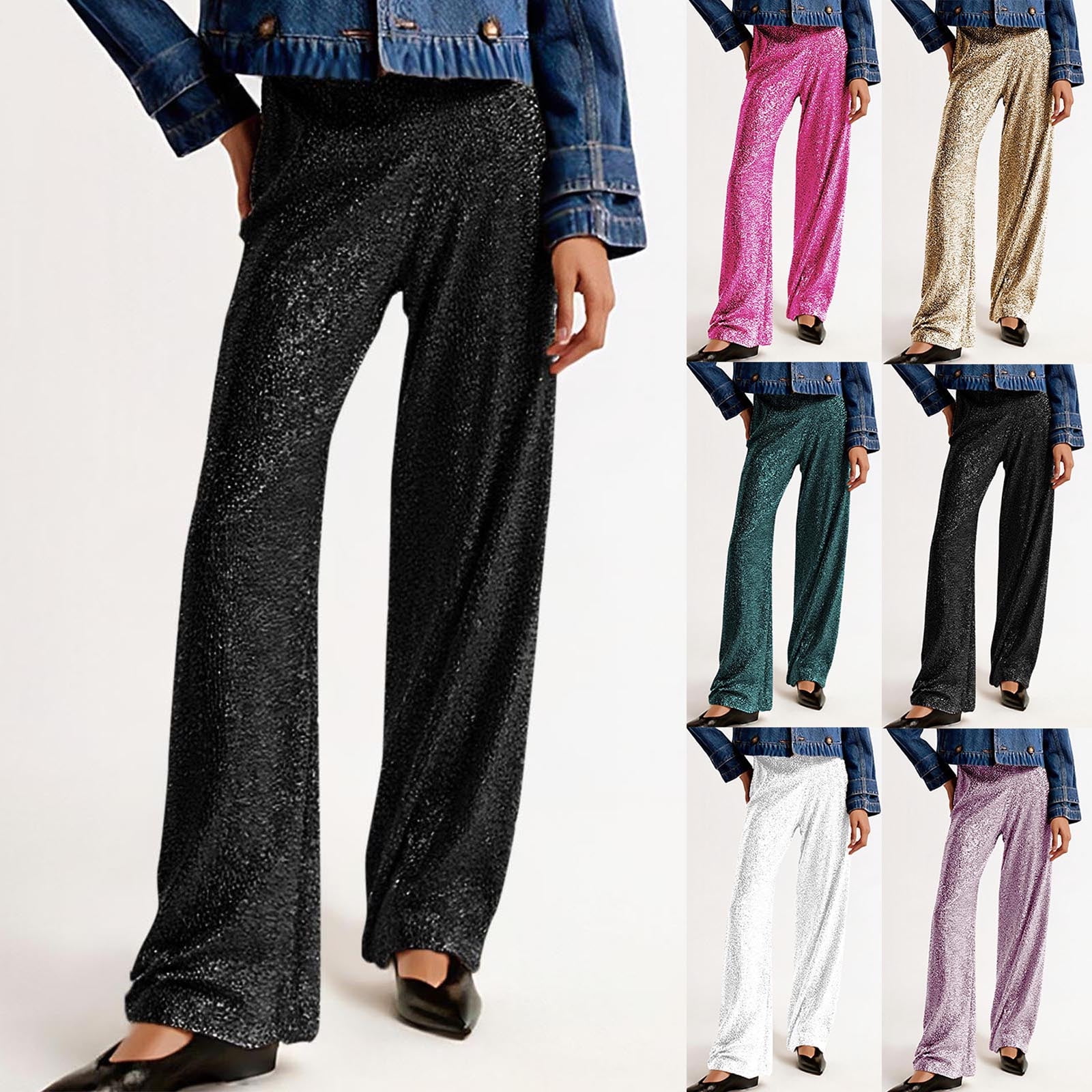 DPTALR Women's Sequin Wide Leg Pants Loose Casual Sparkly Button Waist ...