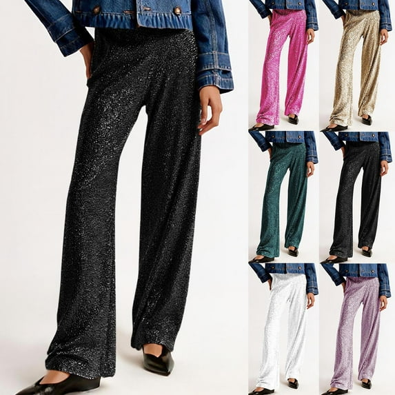 DPTALR Women's Sequin Wide Leg Pants Loose Casual Sparkly Button Waist ...