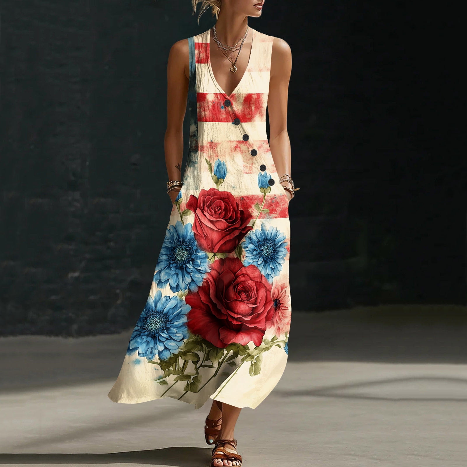 DPTALR Women's Sleeveless Floral Print V-Neck Maxi Dress,Multicolor ...