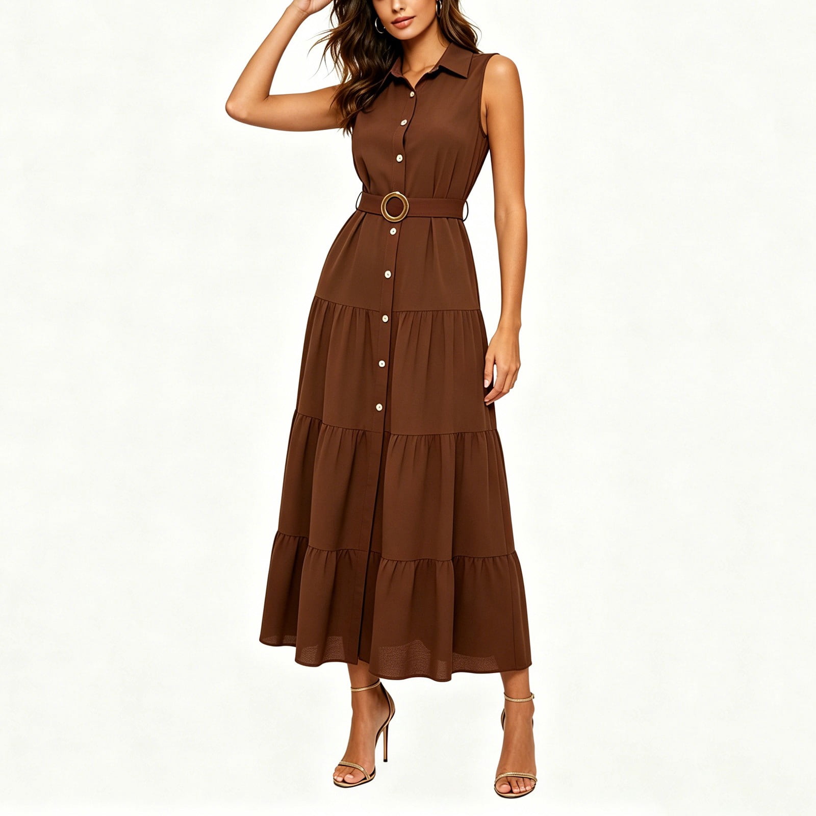 DPTALR Women's Sleeveless Shirt Style Tiered Midi Dress with Belt,Brown ...