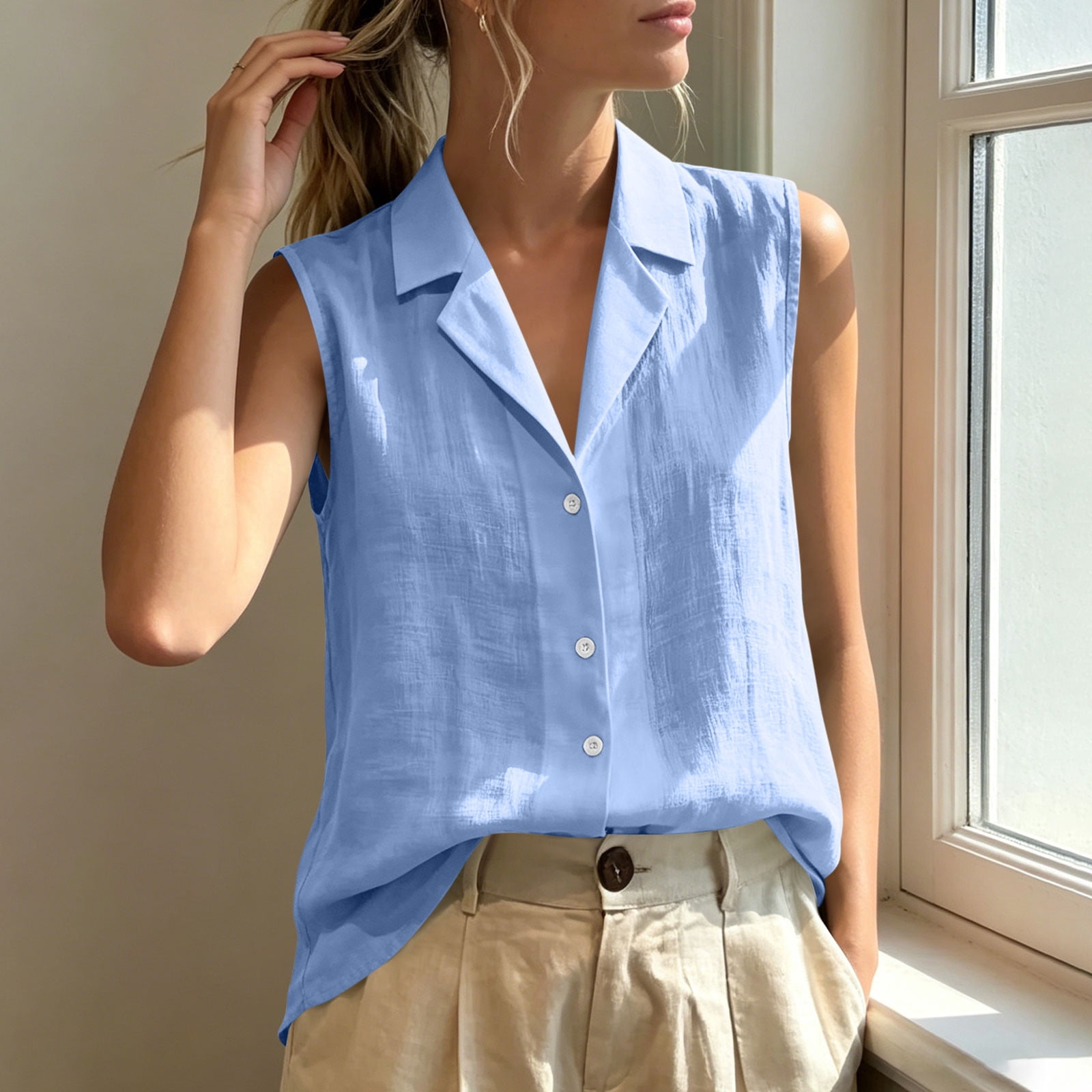 DPTALR Women’s Solid Color Cotton Blend Sleeveless Shirt,V-Neck Blazer ...