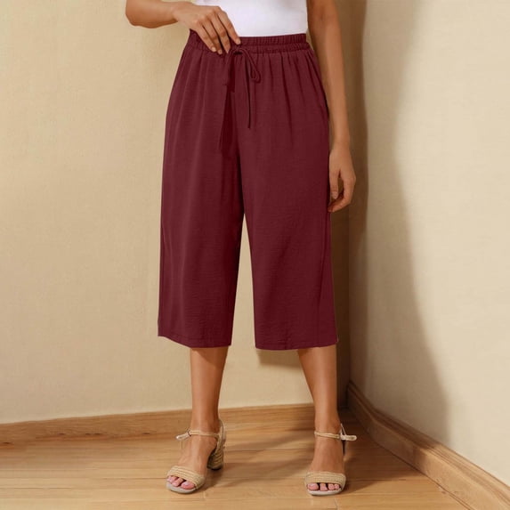 DPTALR Women's Solid Color Elastic Waist Sports Casual Pants,Wine,Size ...