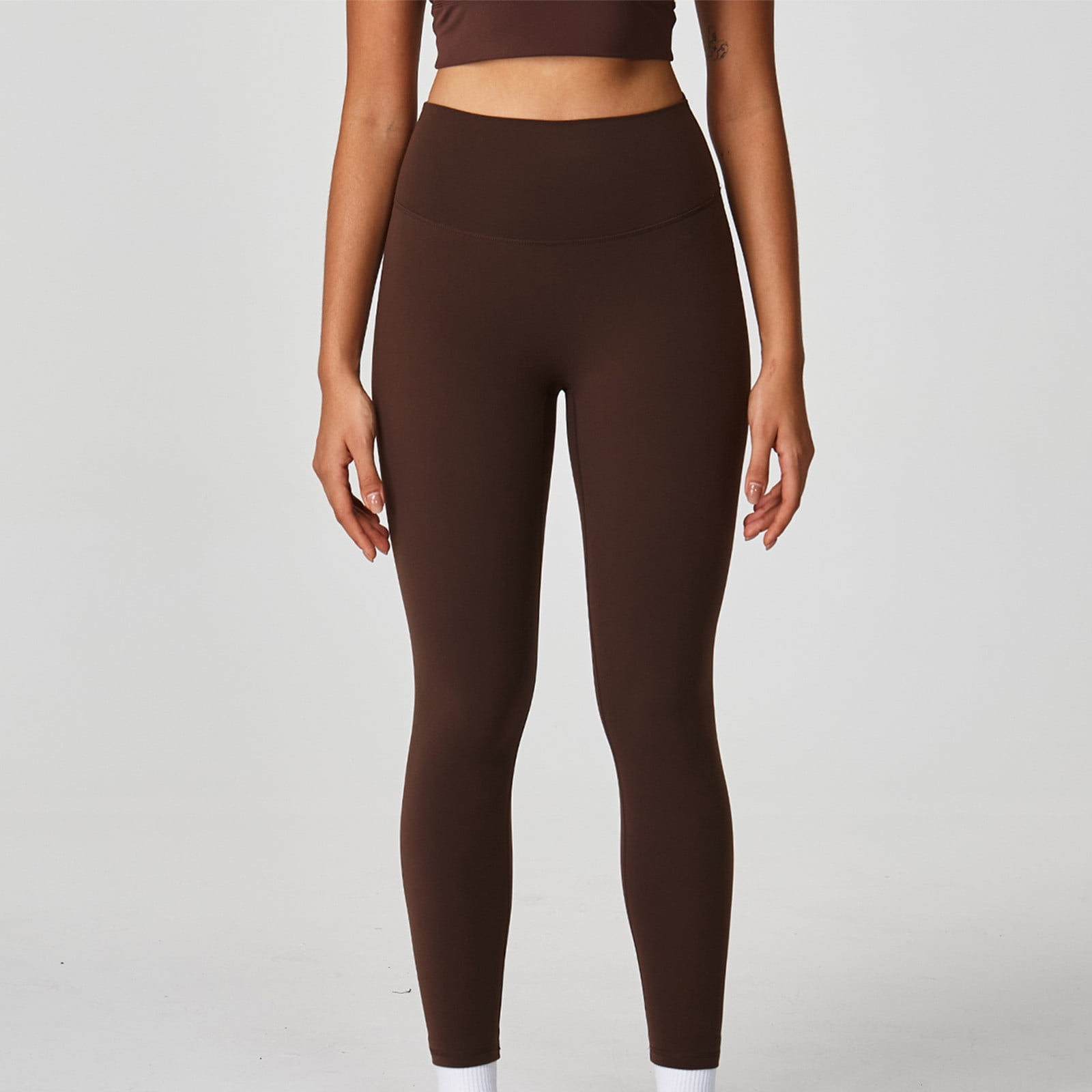 DPTALR Women's Solid Color High Waist Tight Yoga Pants,Brown,Size M ...