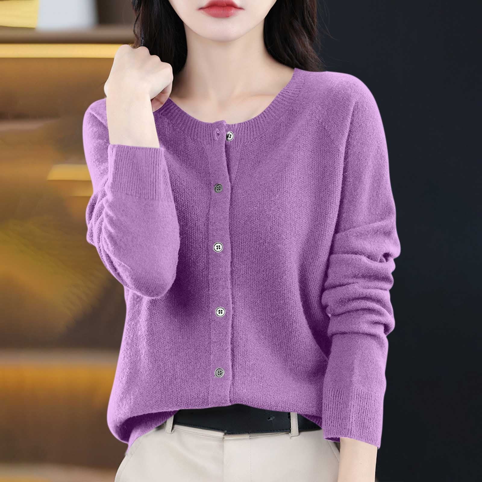 DPTALR Women's Solid Color Long Sleeve Button-Up Round Neck Casual ...