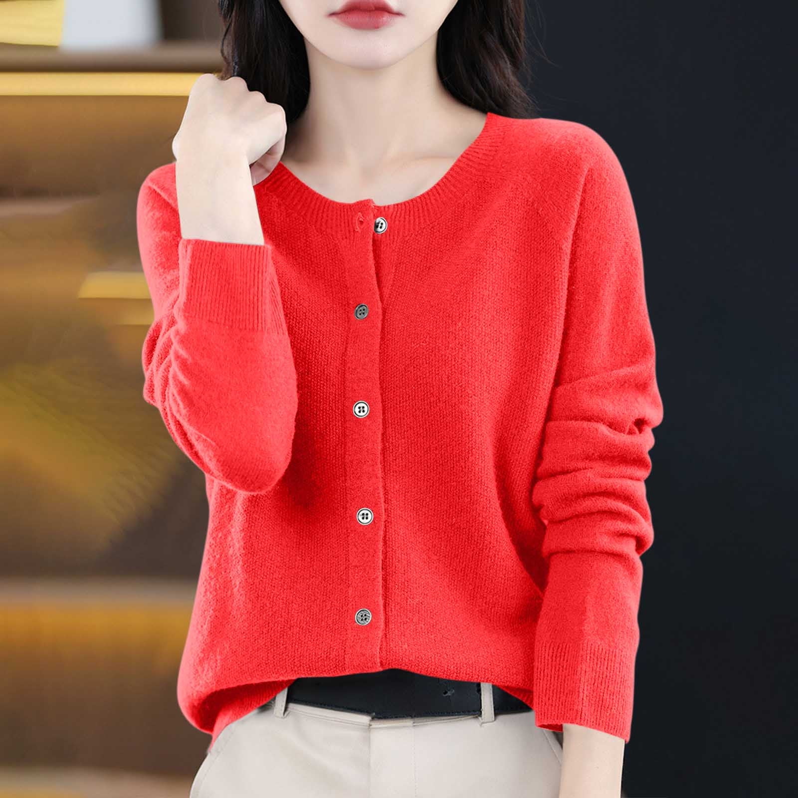 DPTALR Women's Solid Color Long Sleeve Button-Up Round Neck Casual ...