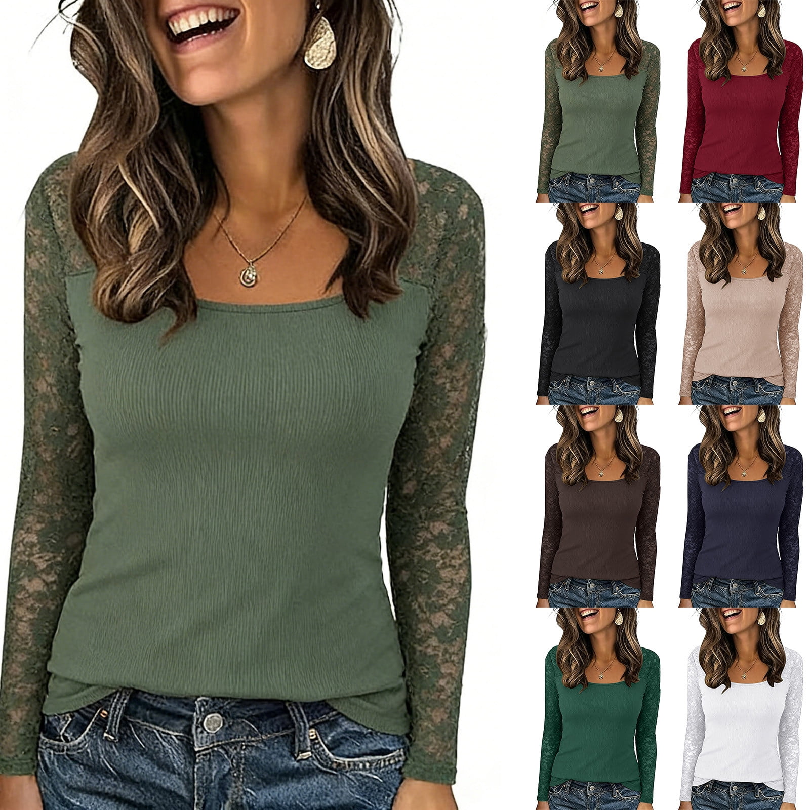 DPTALR Women's Solid Color Ribbed Knitted Lace Patchwork Slim Long ...