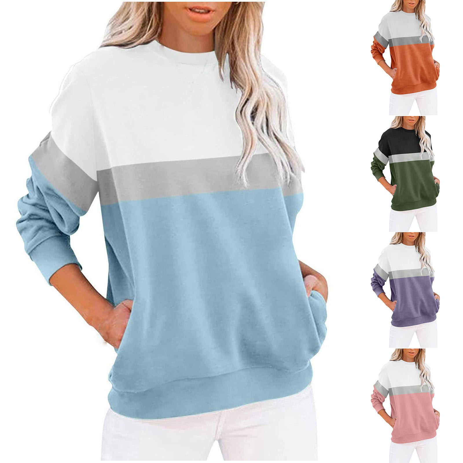 DPTALR Women's Solid Color Round Neck Pullover Sweater Fashion Long ...