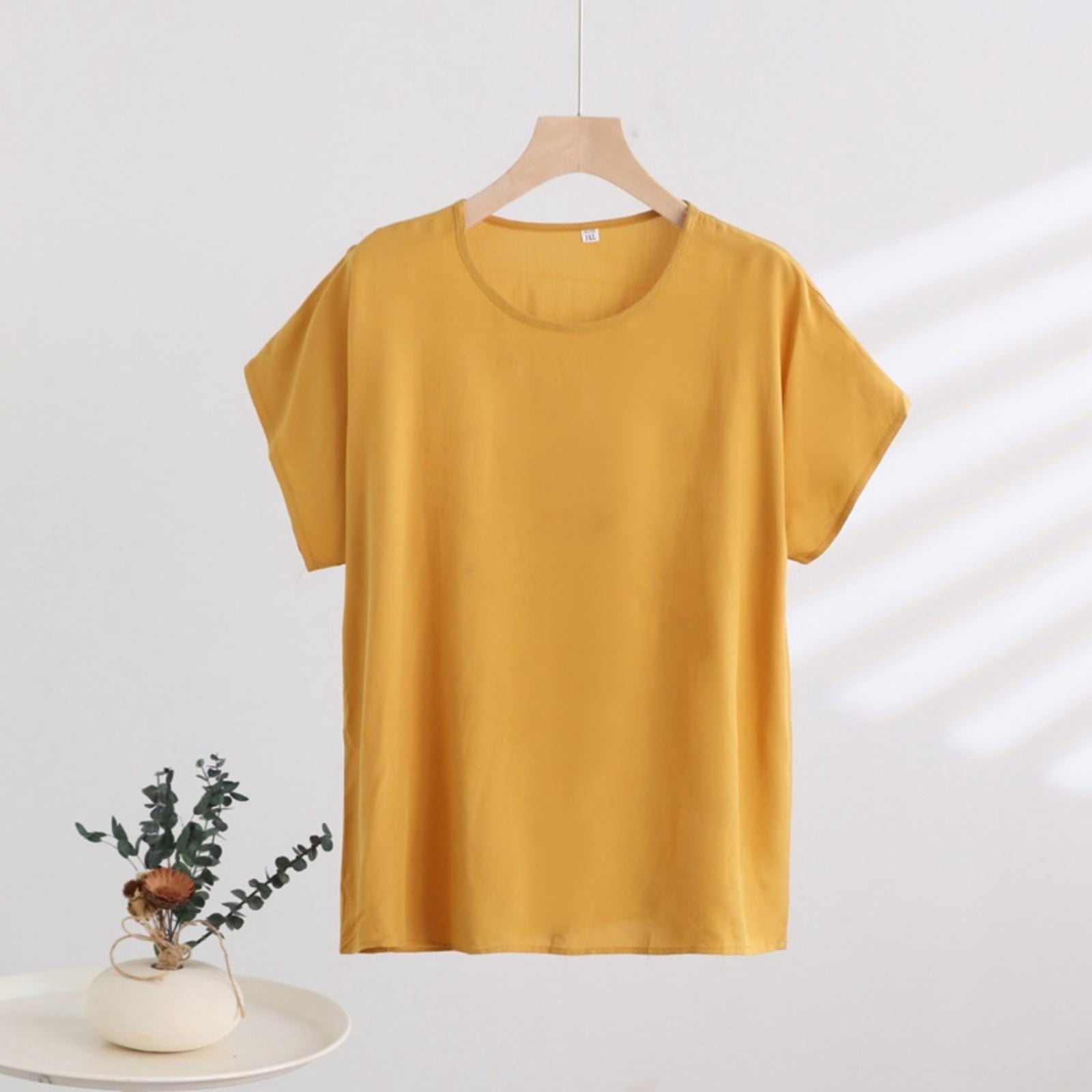 DPTALR Women's Solid Color Round Neck Short Sleeve Tops,Yellow,Women's ...