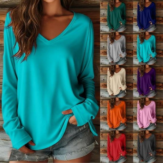 DPTALR Women's Solid Color V-Neck Loose Long Sleeve Top Casual Daily ...