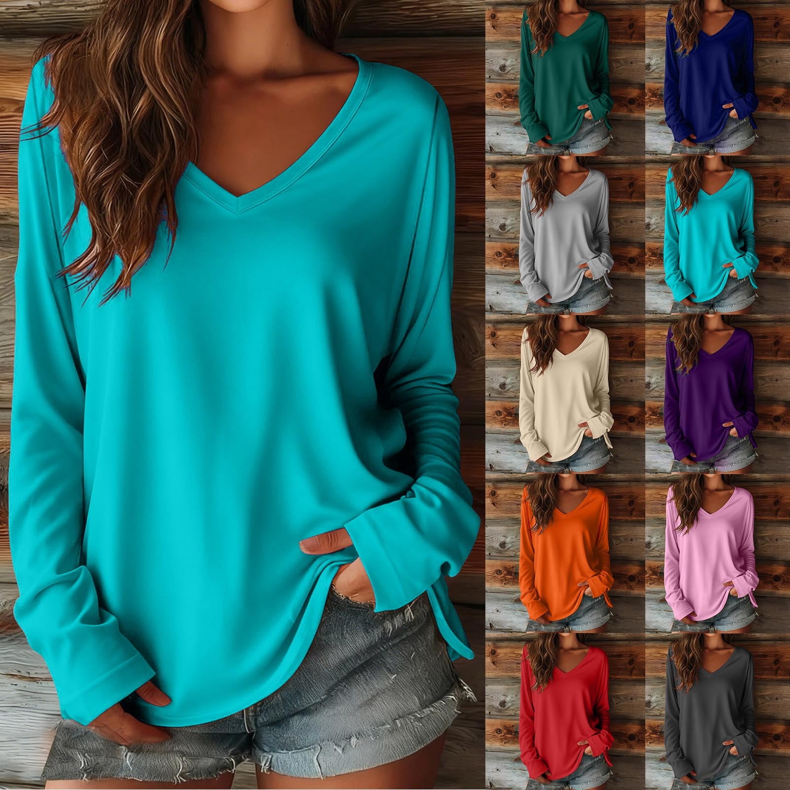 DPTALR Women's Solid Color V-Neck Loose Long Sleeve Top Casual Daily ...