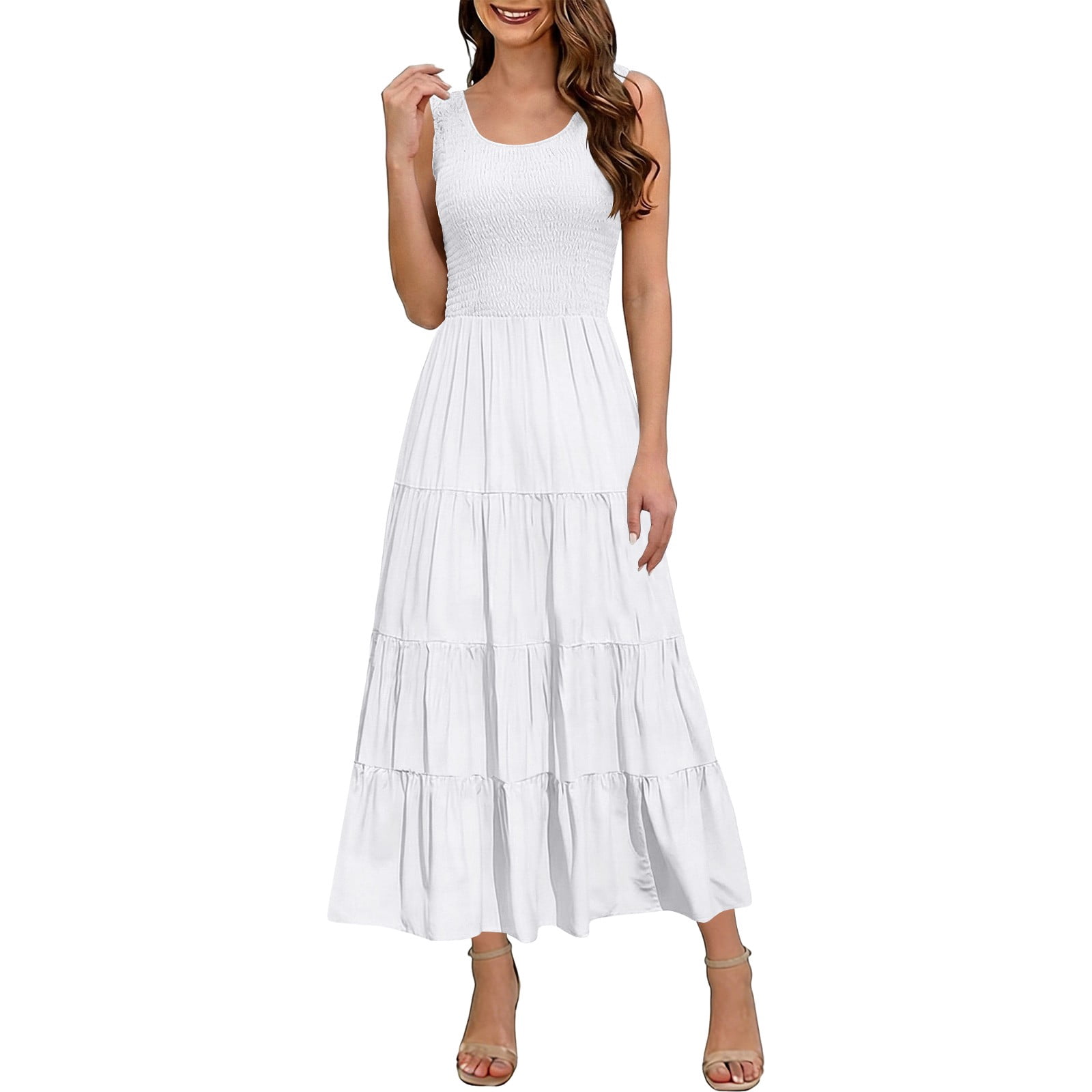 DPTALR Women's Square Neck Sleeveless Smocked Tiered Maxi Dress,White ...